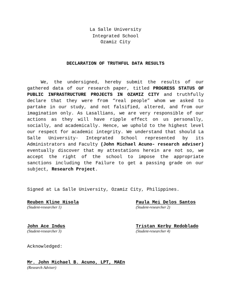 Declaration of Research Data Integrity | PDF