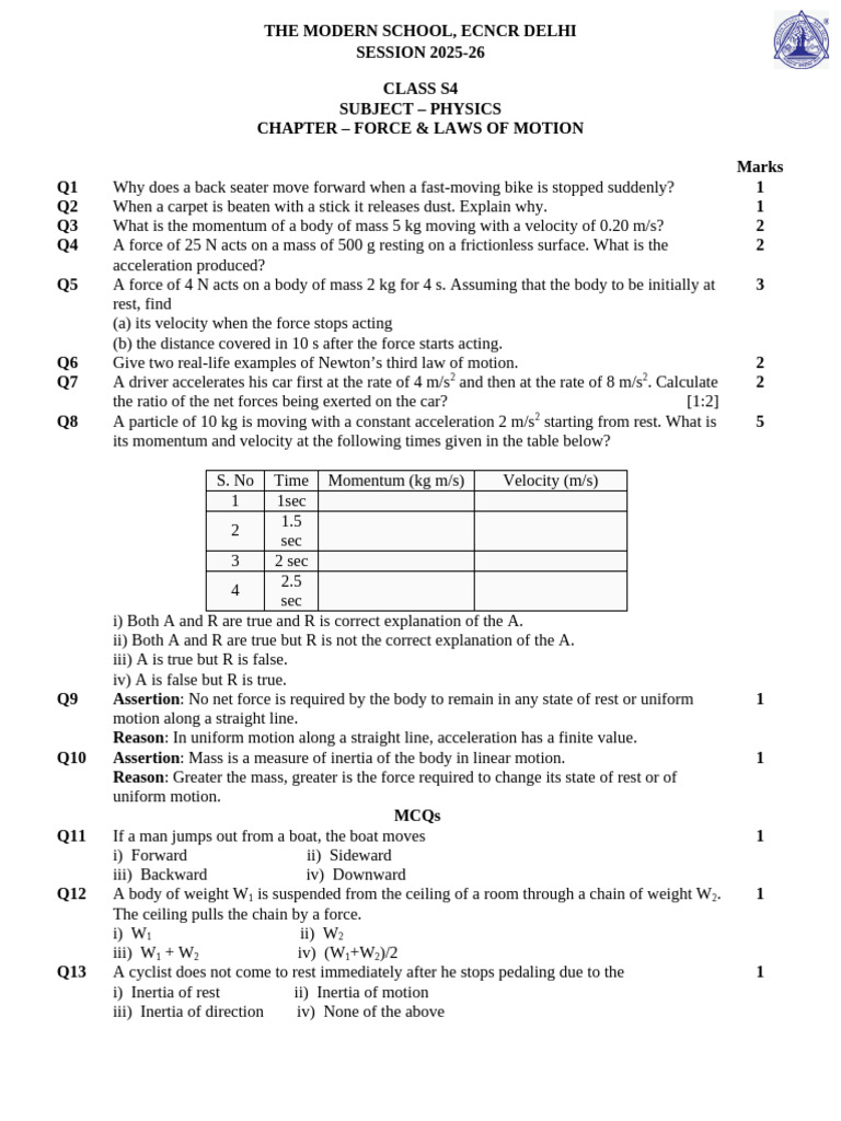 S4 Phy ForceLOM Asgmt HW 202425 1 | PDF | Force | Momentum