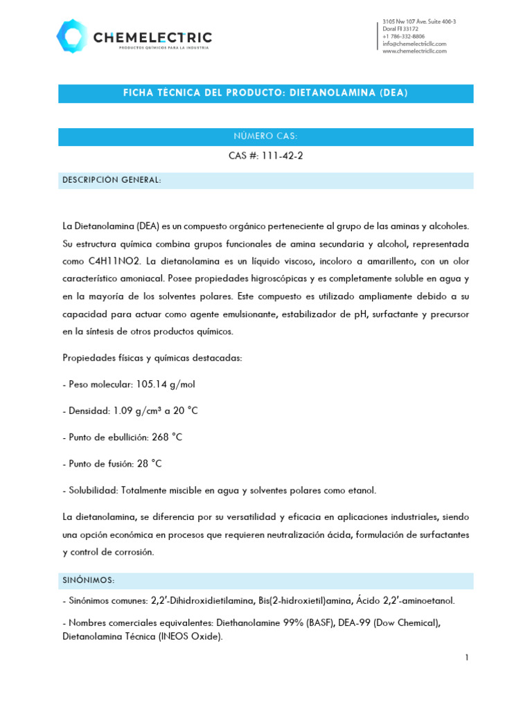 Ficha Tecnica Dietanolamina (DEA) | PDF | Tensioactivo | Solubilidad