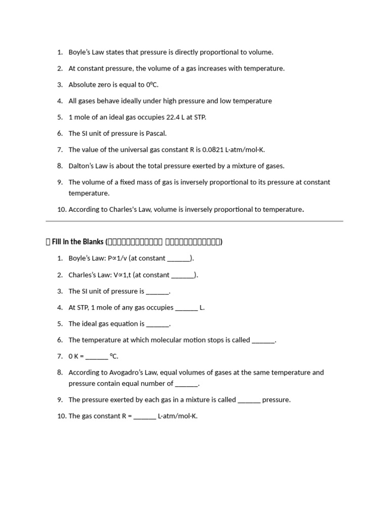 Grade 11 Chemistry 1 Marks TF and Blank | PDF