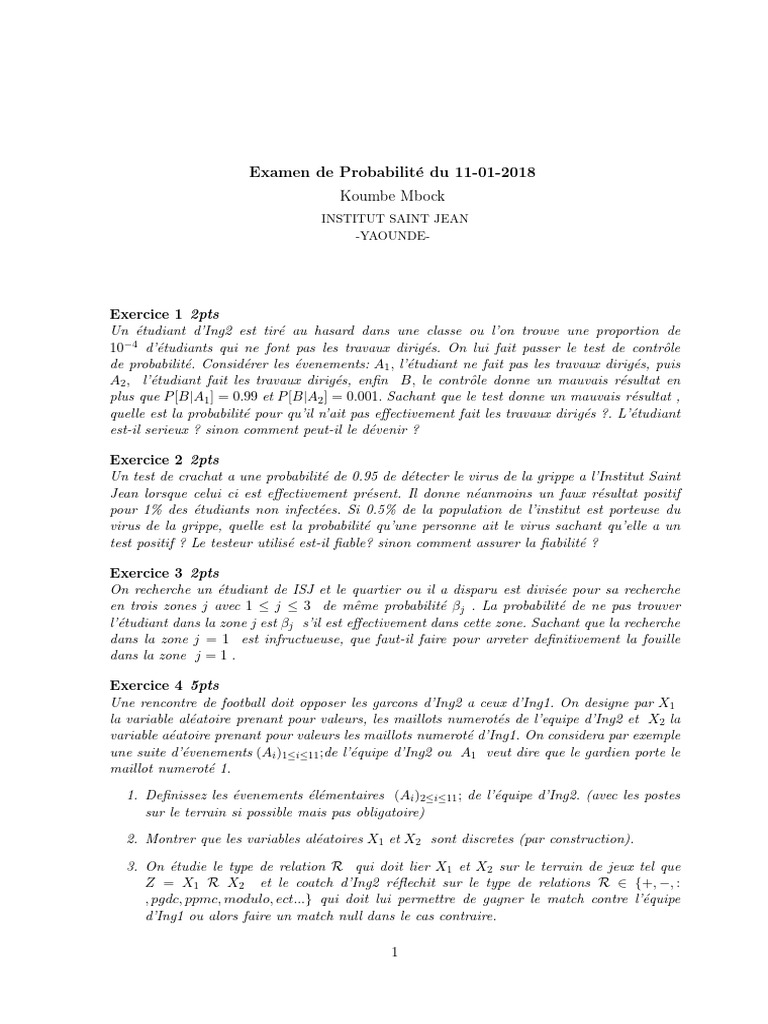 Examen Rat Proba 2018 | PDF | Théorie des probabilités | Loi de probabilité