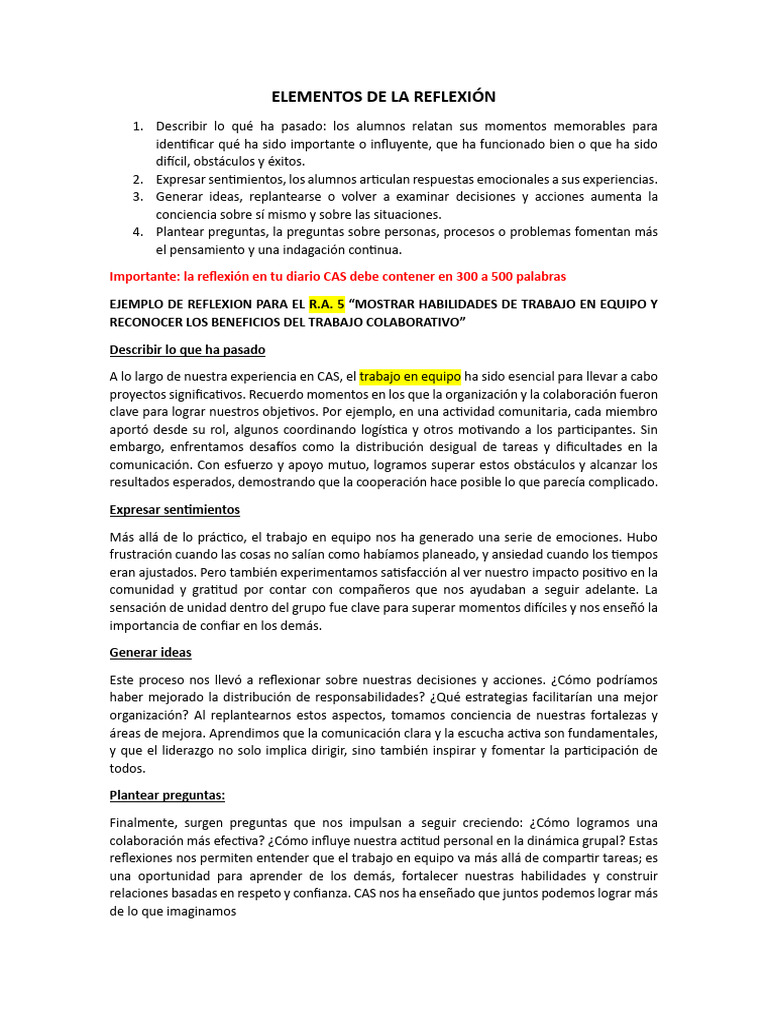 Ejemplo de Reflexion para Diario Cas | PDF | Las emociones | Experiencia