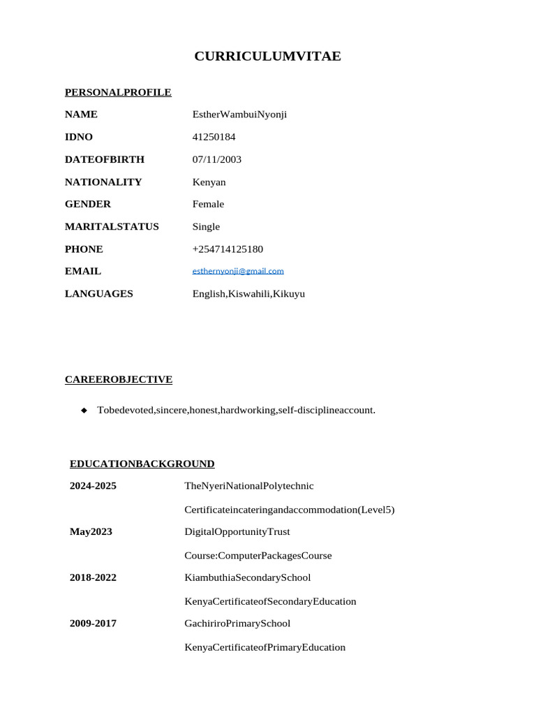 Esther Nyonji's CV and Career Goals | PDF