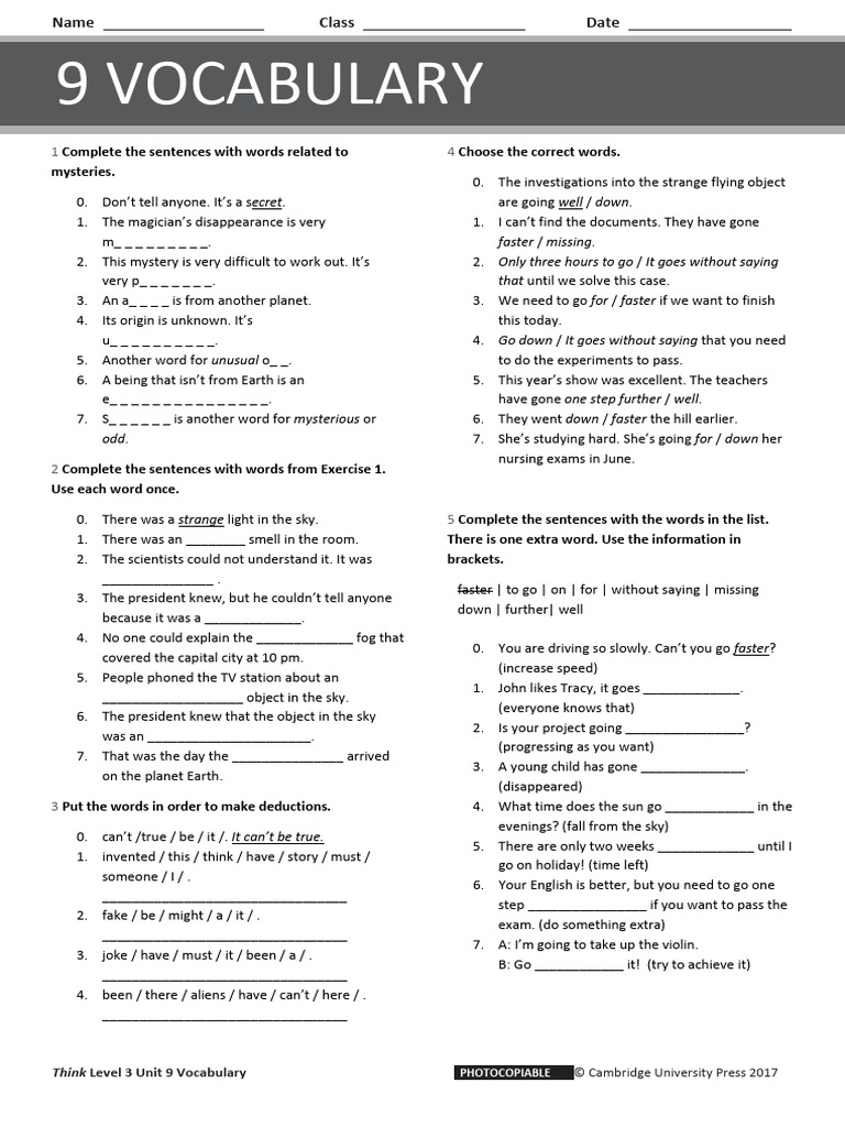 THINK L3 Unit 9 Vocabulary | PDF