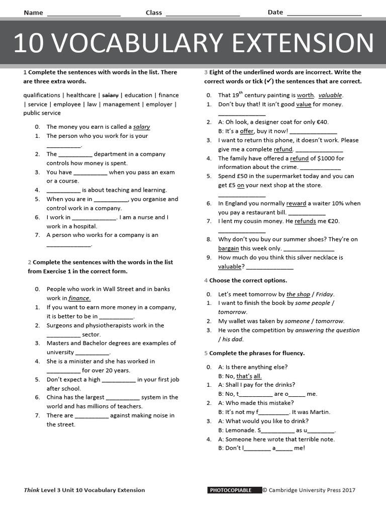 THINK L3 Unit 10 Vocabulary Extension | PDF