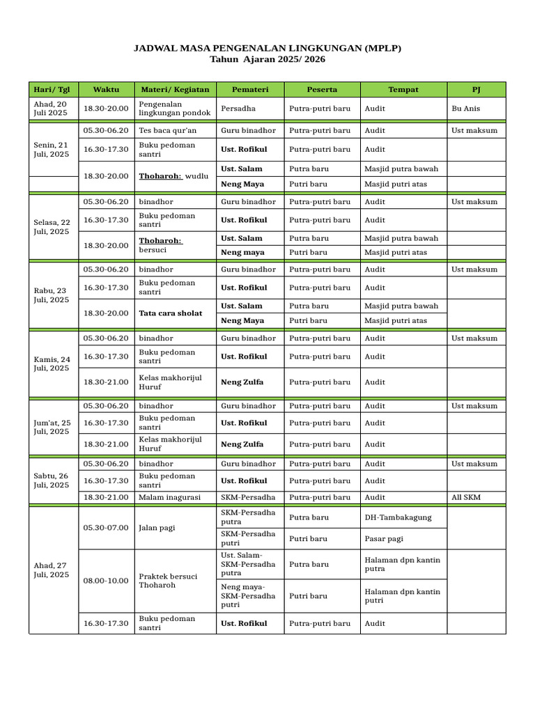 Jadwal MPLP 2025/2026 Santri Baru | PDF