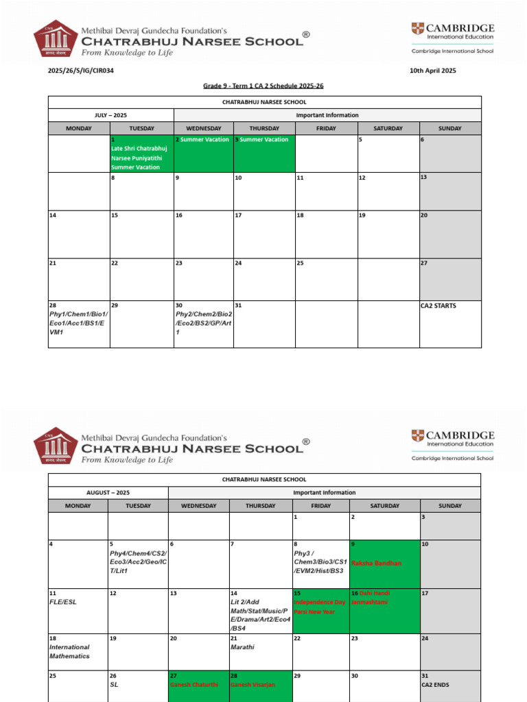 Grade 9 Term 1 CA2 Schedule 2025-26 | PDF