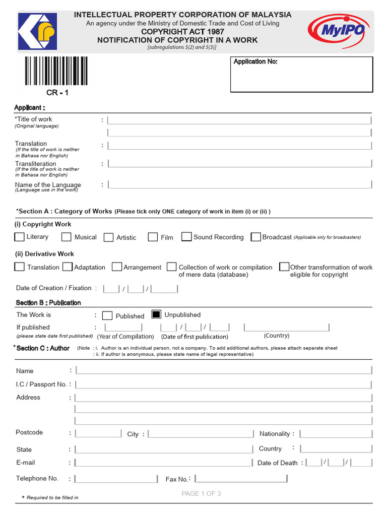 MyIPO Copyright Application Form CR1 | PDF | Cost Of Living | Copyright