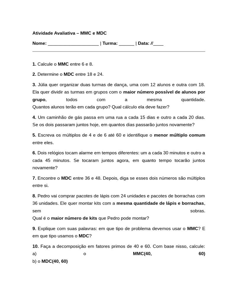 ? Atividade Avaliativa - MMC - MDC | PDF