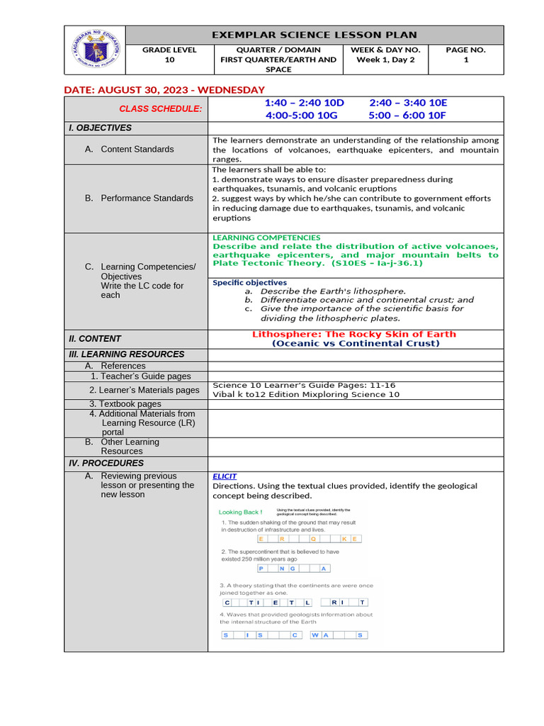 Grade 10 Earth Science Lesson Plan | PDF | Volcano | Earthquakes
