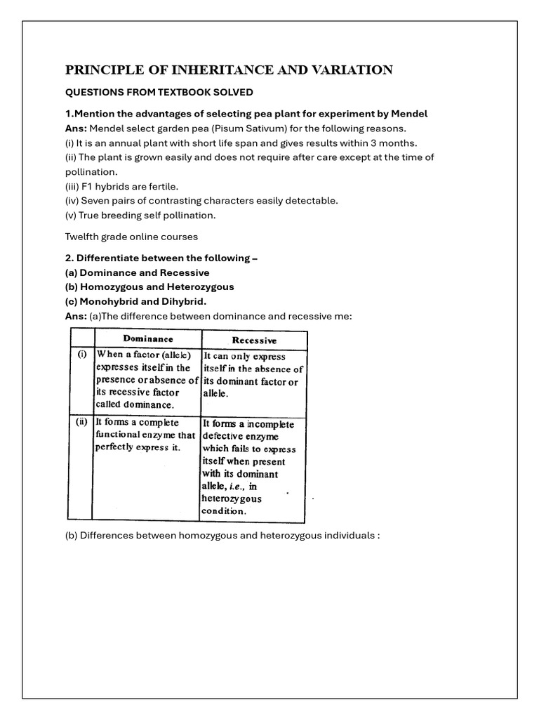CH-4 PRINCIPLE OF INHERITANCE AND VARIATION | PDF | Dominance (Genetics ...