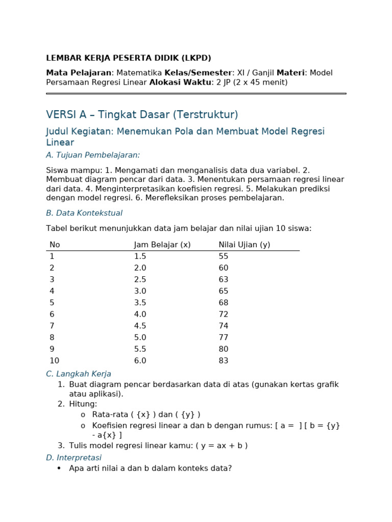 LKPD Regresi Linear Xi | PDF