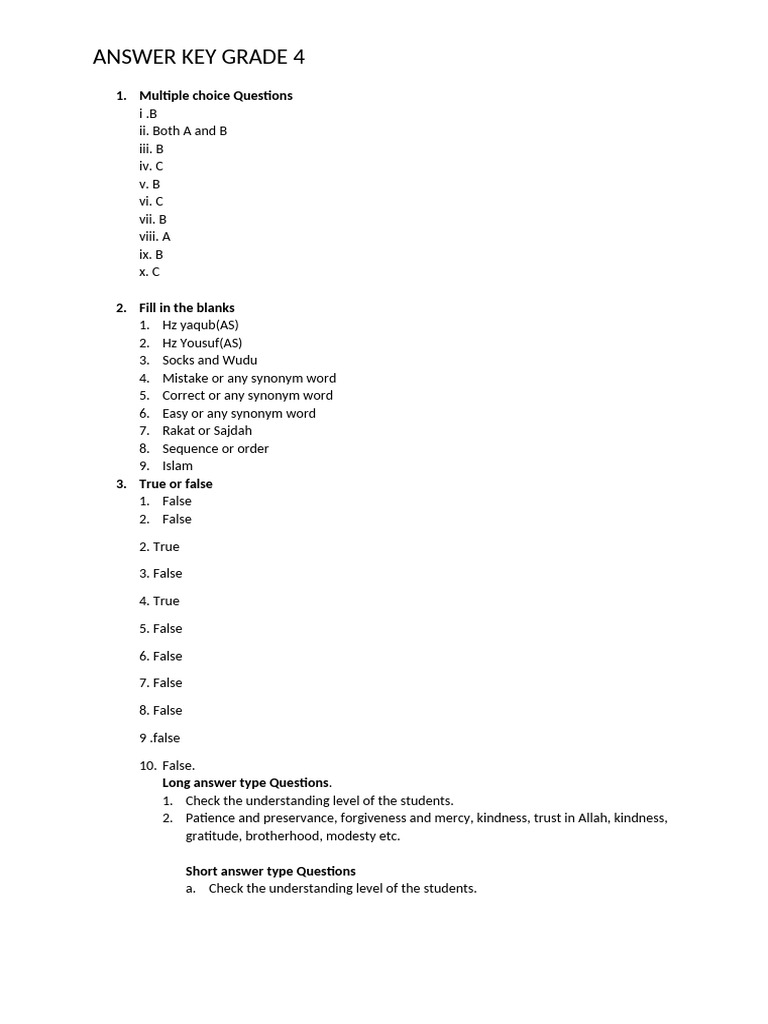 Answer Key Grade 4 | PDF