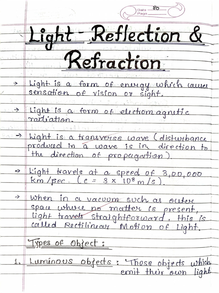 Class 10 Sci Physics CH 1 Light Notes | PDF