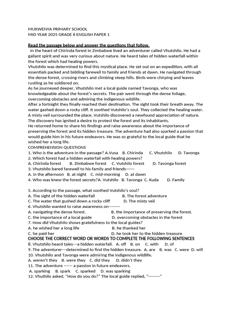 Grade 6 English Comprehension Paper | PDF | Rain
