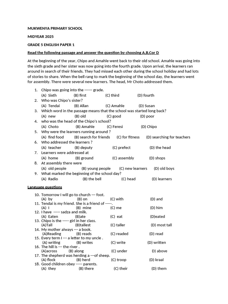 Grade 5 English Midyear Exam Paper 1 | PDF