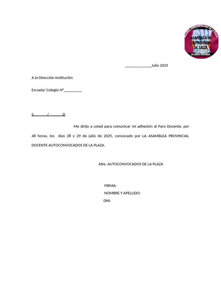 Adhesión al Paro Docente 28-29 Julio 2025 | PDF