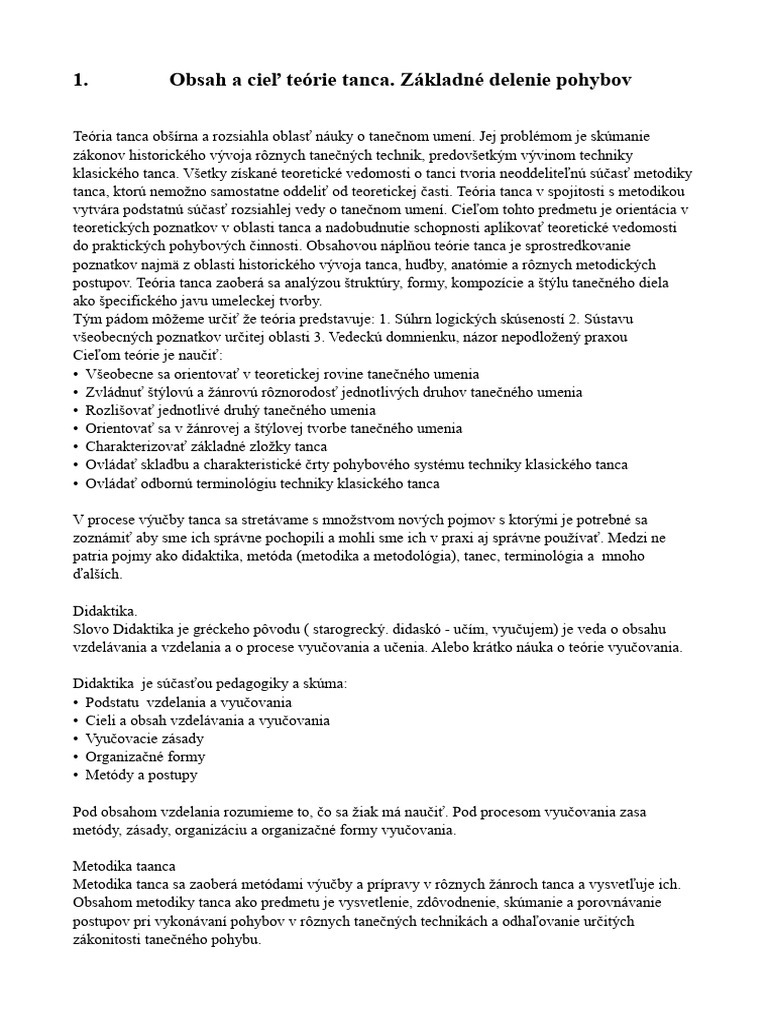 Obsah A Cieľ Teórie Tanca. Základné Delenie Pohybov | PDF