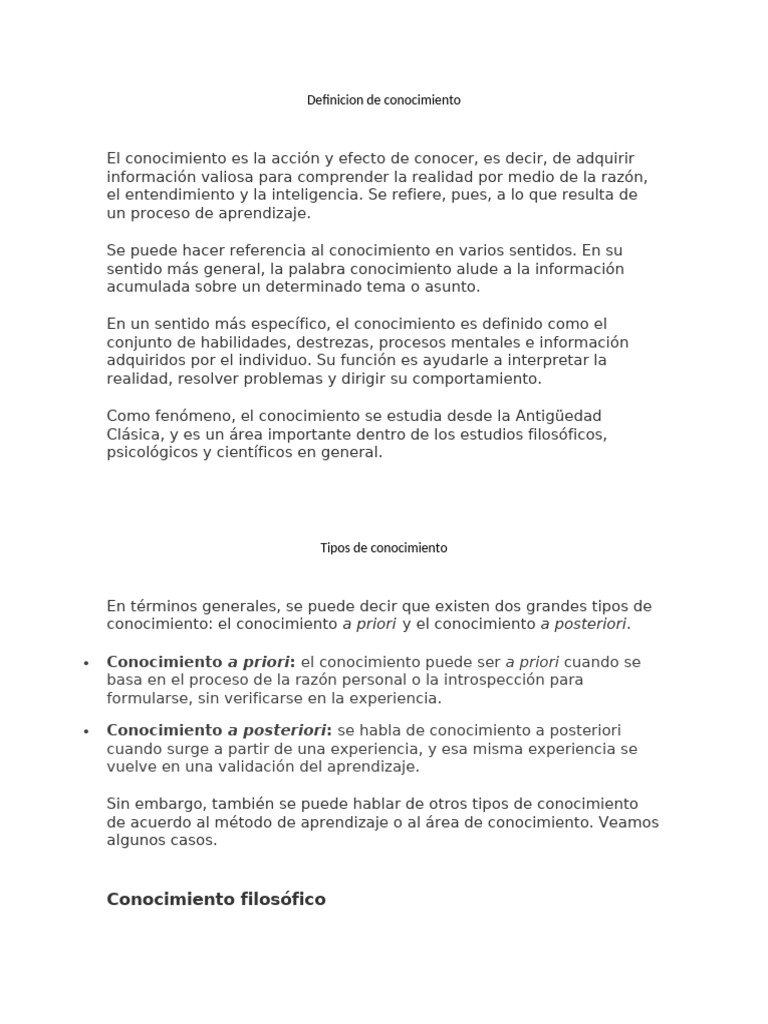 Tipos de conocimiento: Definición y ejemplos | PDF | Conocimiento ...