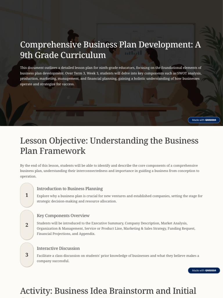9th Grade Business Plan Curriculum | PDF | Marketing | Swot Analysis
