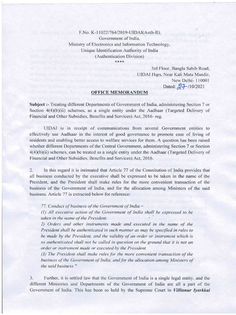 UIDAI_OM_dated_27.10.2021 | PDF | Security Technology | Access Control