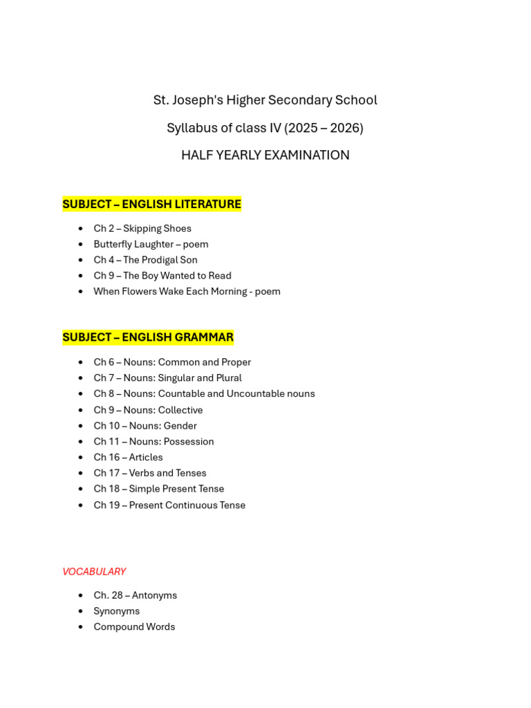 4th Class Half Yearly Syllabus | PDF | Noun | English Language