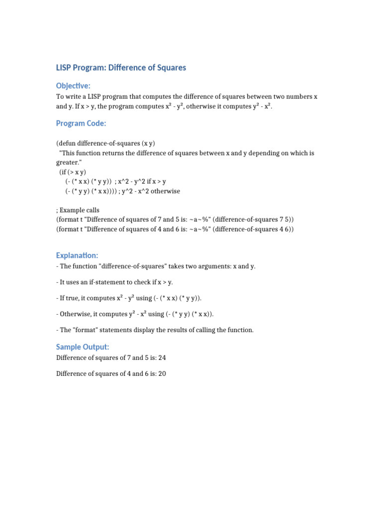 LISP Difference of Squares | PDF
