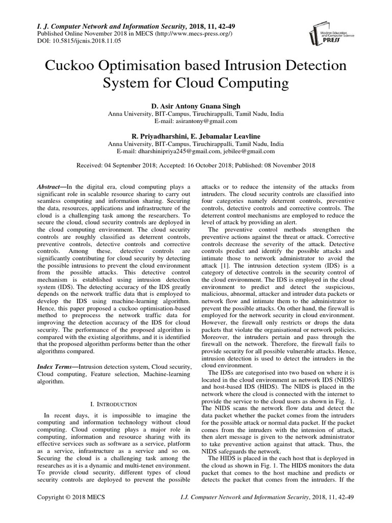 Cuckoo Optimisation Based Intrusion Dete | PDF | Machine Learning | Applied Mathematics