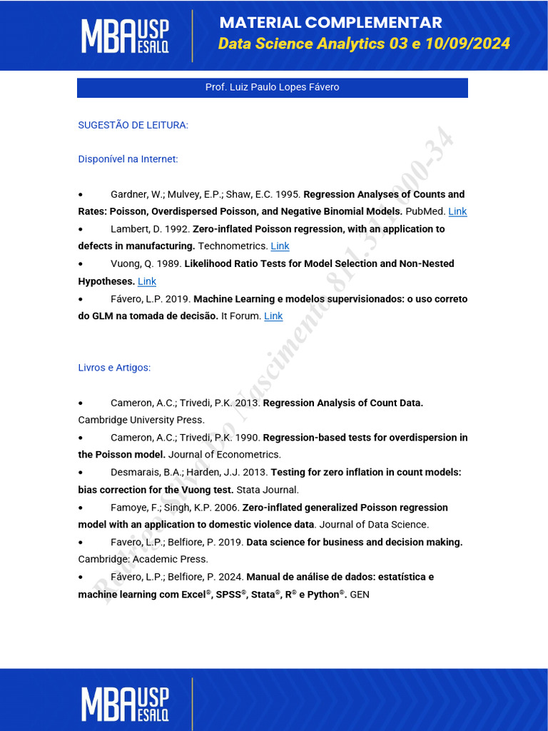 Material complementar 03 e 10092024pdf Portugues | PDF | Statistical Theory | Statistical Models