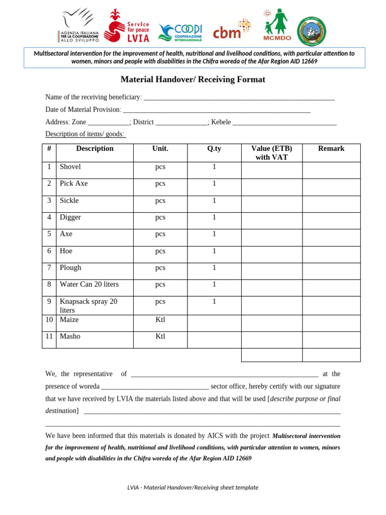 Material Handover Format AID12669 | PDF | Farming Tools