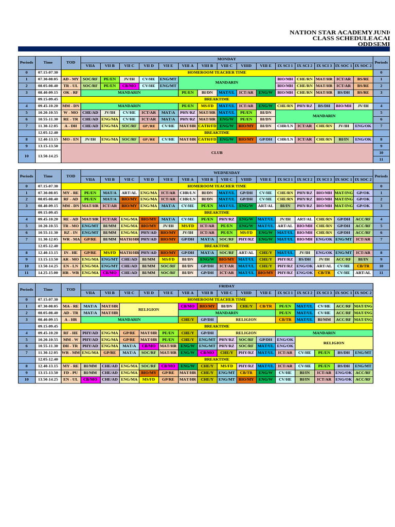 New - Odd Semester Class Schedule Nsa Jhs 25-26 | PDF | Schools