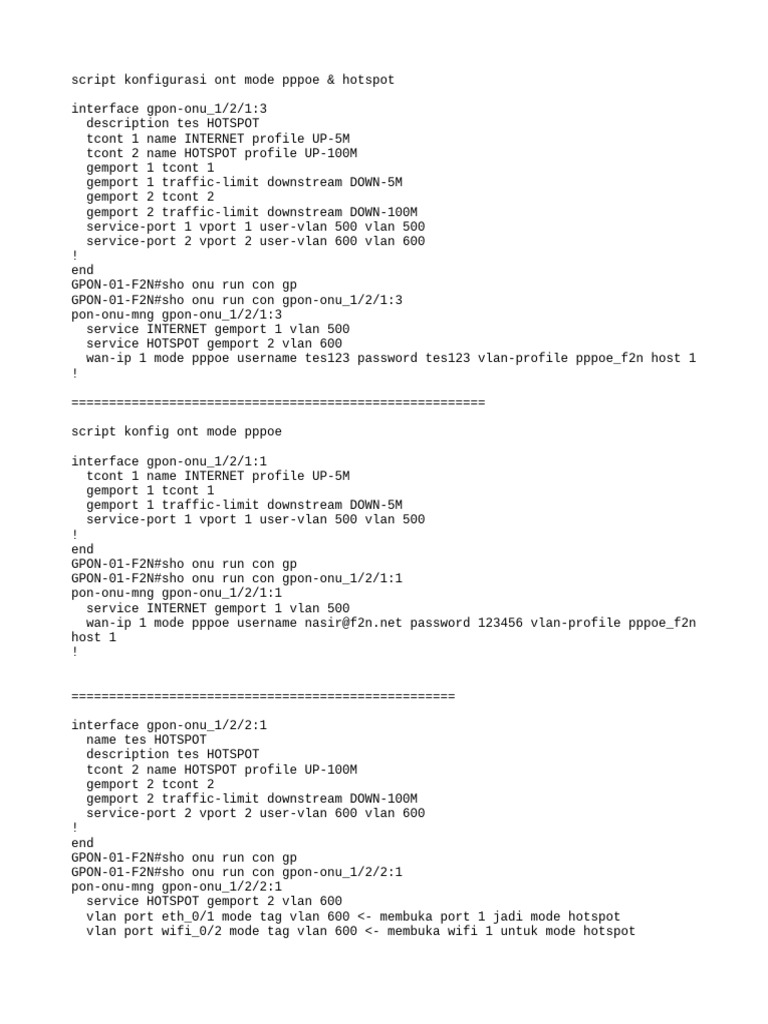 Script Konfigurasi Ont Mode Pppoe & Hotspot | PDF