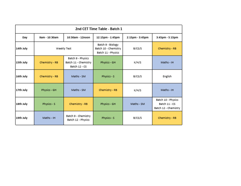 BPCH Time Table - 2C Batch 1-10 | PDF