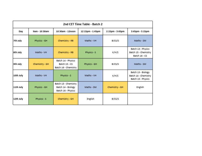 2nd CET Time Table for Batch 2 | PDF