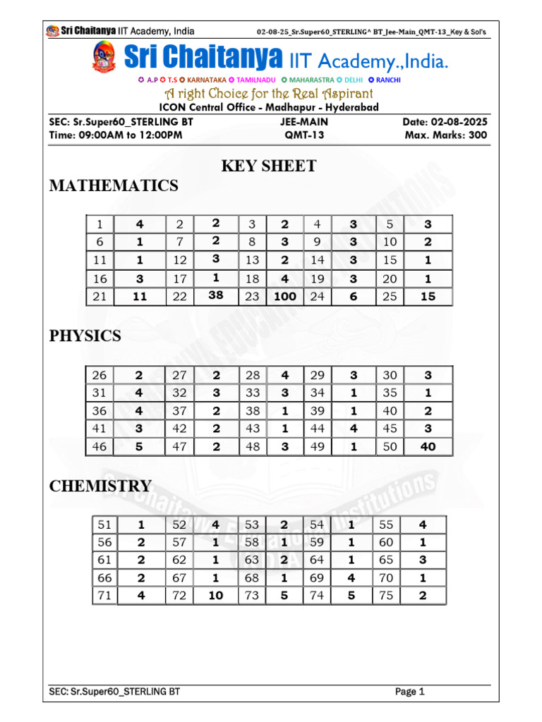 02-08-25 SR - Super60 Sterling BT Jee-Main Qmt-13 Key & Sol's | PDF ...