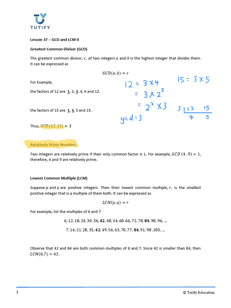 L37 GCD and LCM II (Coach Lincoln) Answer | PDF | Mathematics ...