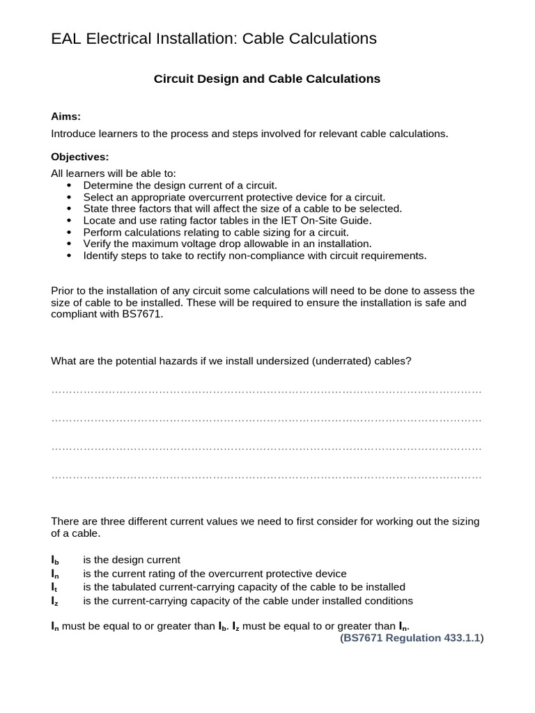 1. Cable Calculations Procedure Workbook | PDF | Electrical Wiring | Physical Quantities