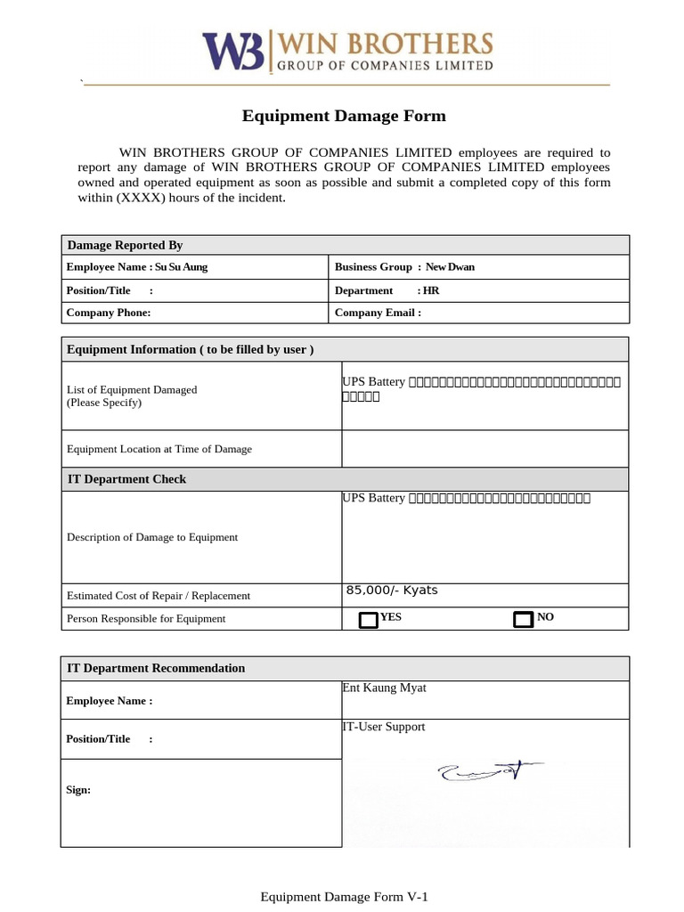 WB Equipment Damage Form July No No | PDF