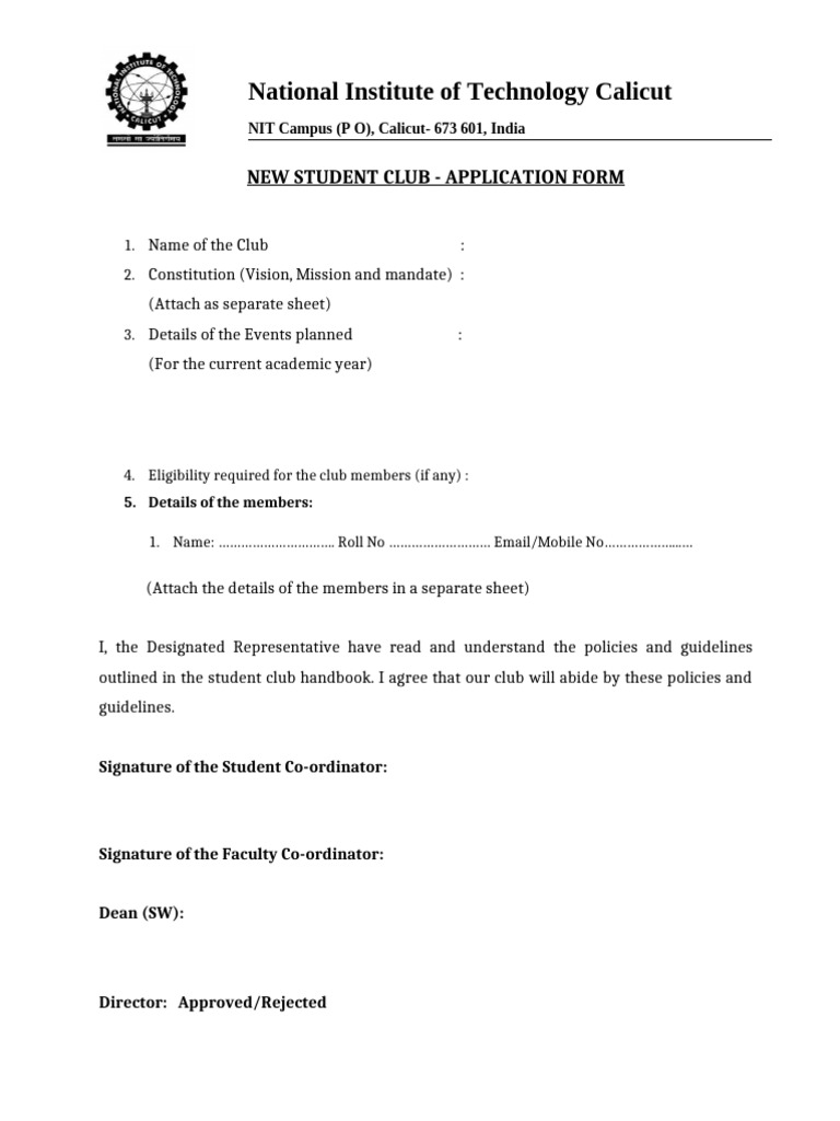 Student Club Application Form | PDF