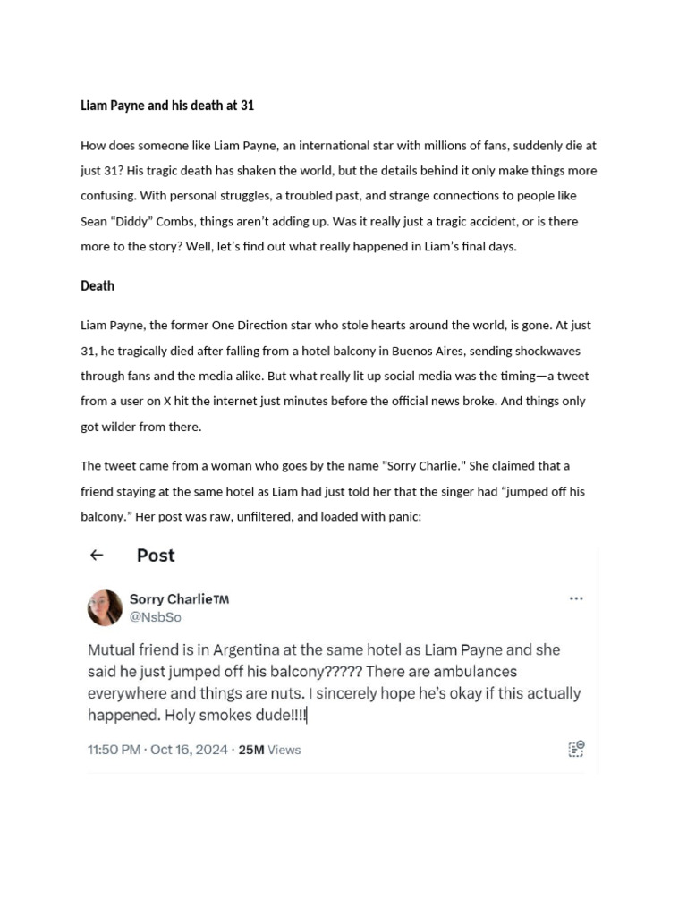 Liam Payne and His Death at 31 - SCRIPT. | PDF | Agoraphobia