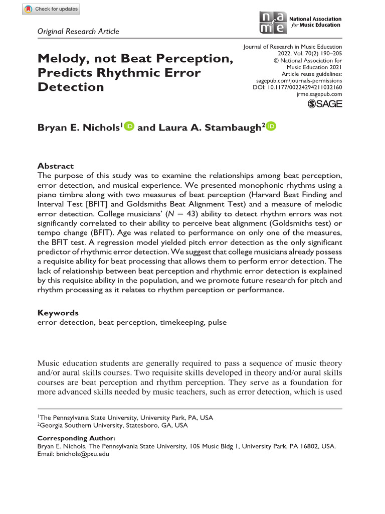 Nichols Stambaugh 2021 Melody Not Beat Perception Predicts Rhythmic ...