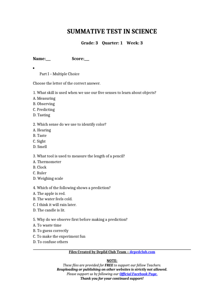Grade 3 Science Summative Test | PDF | Senses