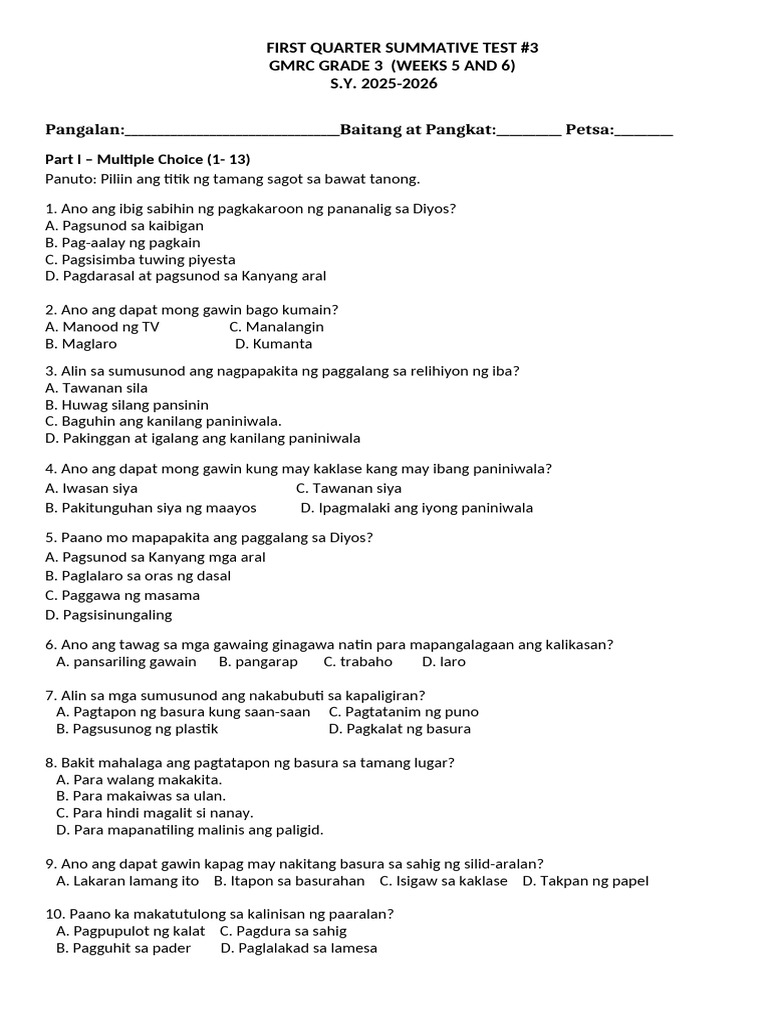 Summ Test GMRC 3 q1 w5 | PDF