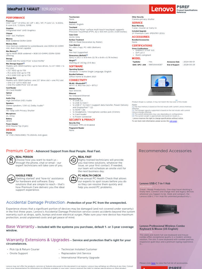 IdeaPad 3 14IAU7 82RJ00FNID 250731 112316 | PDF | Usb | Solid State Drive
