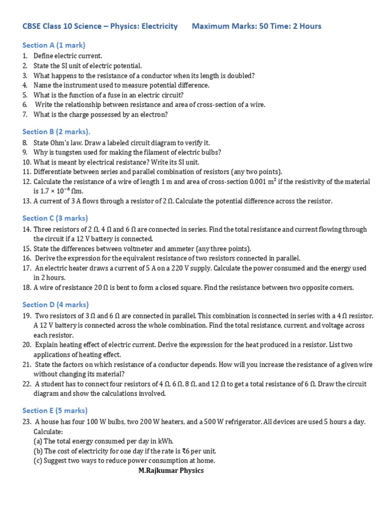 CBSE Class10 Physics Electricity Question Paper | PDF | Series And ...