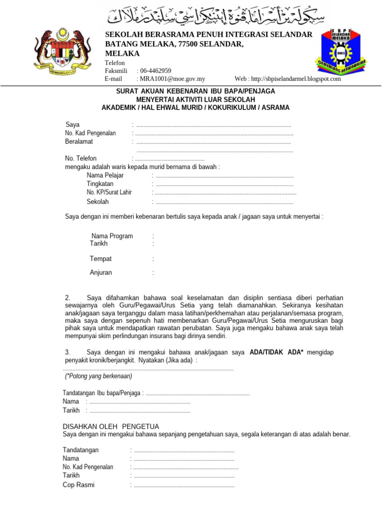 Surat Kebenaran Ibu Bapa | PDF