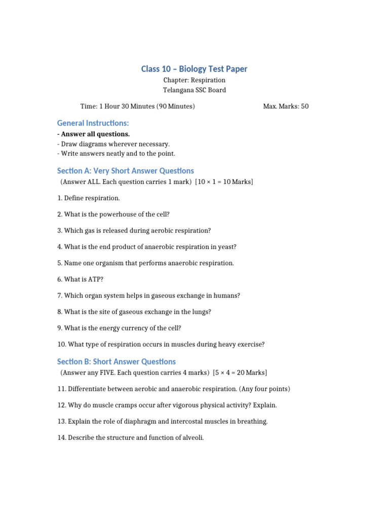 Class 10 Biology: Respiration Test Paper | PDF