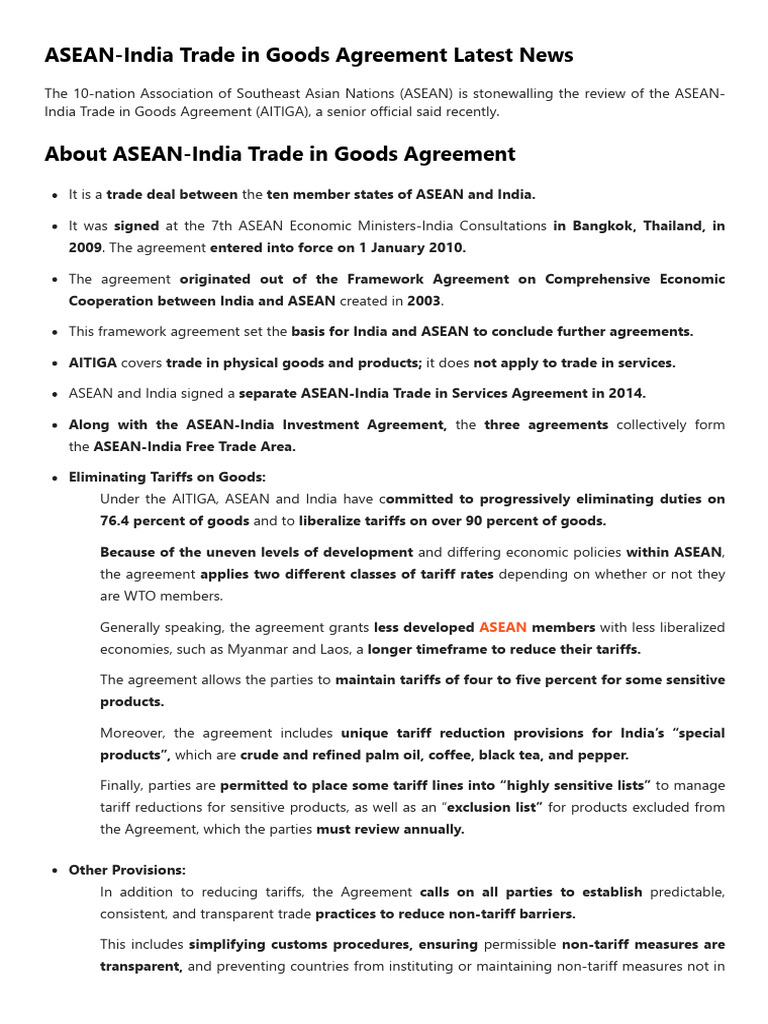 ASEAN-India Trade in Goods Agreement, Latest News | PDF | Tariff | Non ...