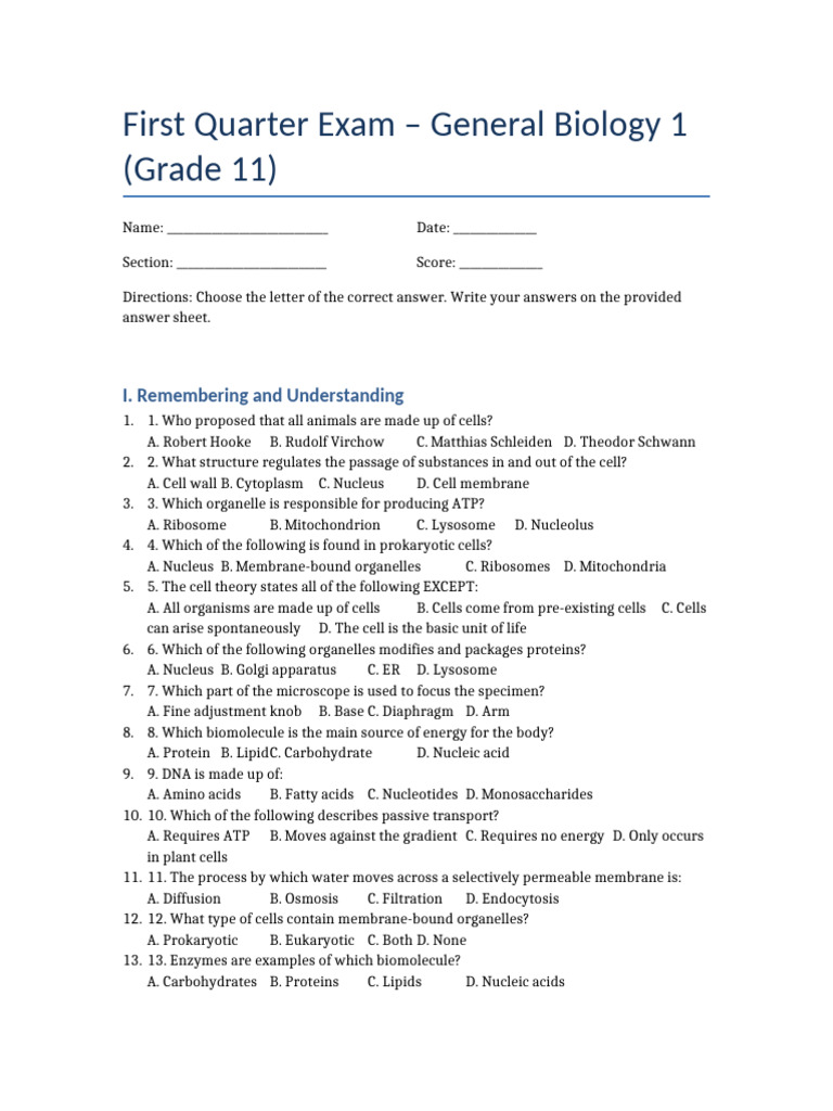 First Quarter Exam: General Biology 1 | PDF