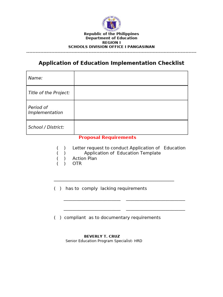 Implementation Checklist Application of Education | PDF